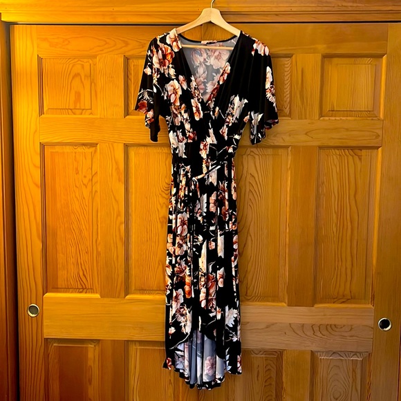 East Adeline | Dresses | Wrap Floral Dress Highlow Midi Wedding Guest ...